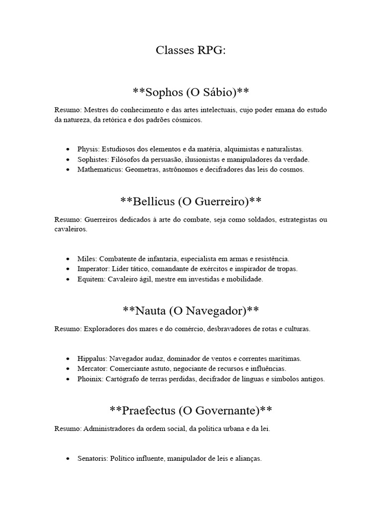 Classes de RPG: Tipos e Funções | PDF
