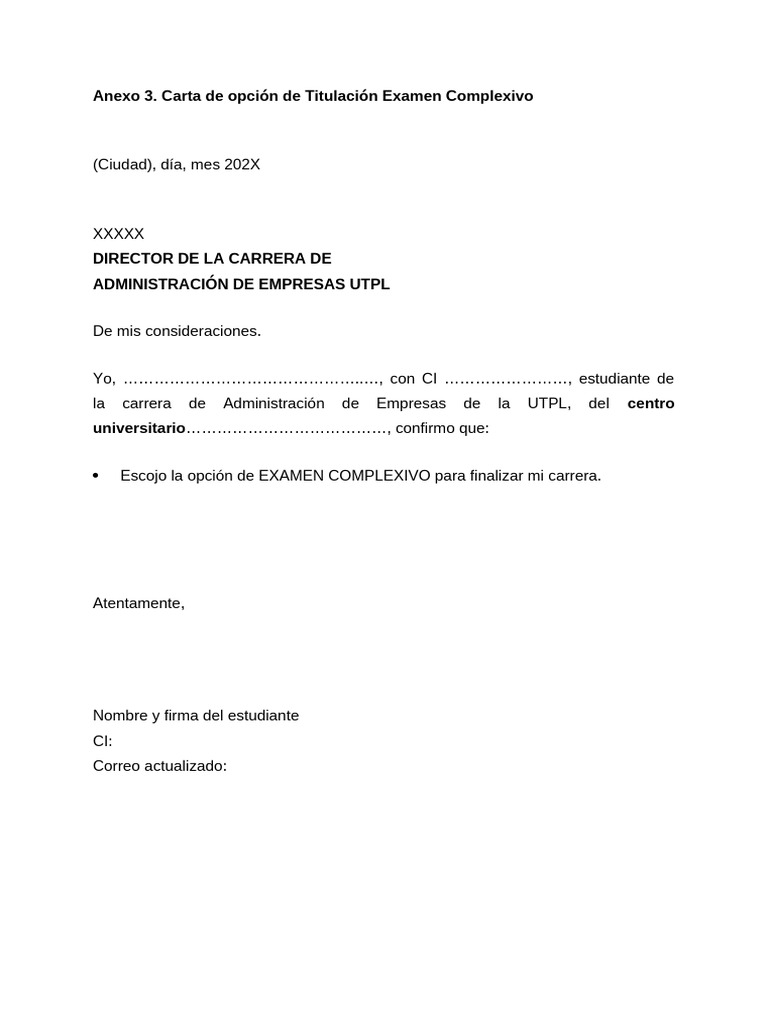 Anexo 3. Carta de Opcion de Titulacion Examen Complexivo | PDF
