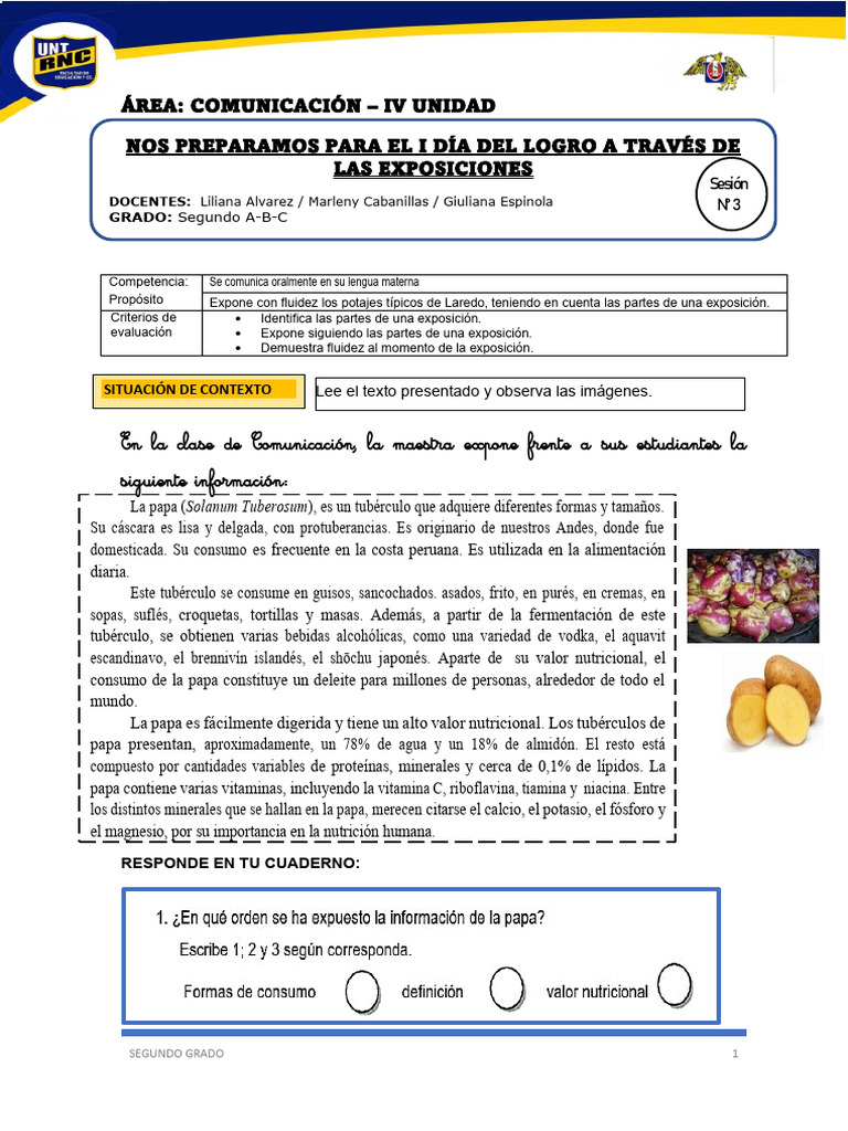 FICHA 3 - LA EXPOSICIÓN - 2do Grado | PDF | Patata