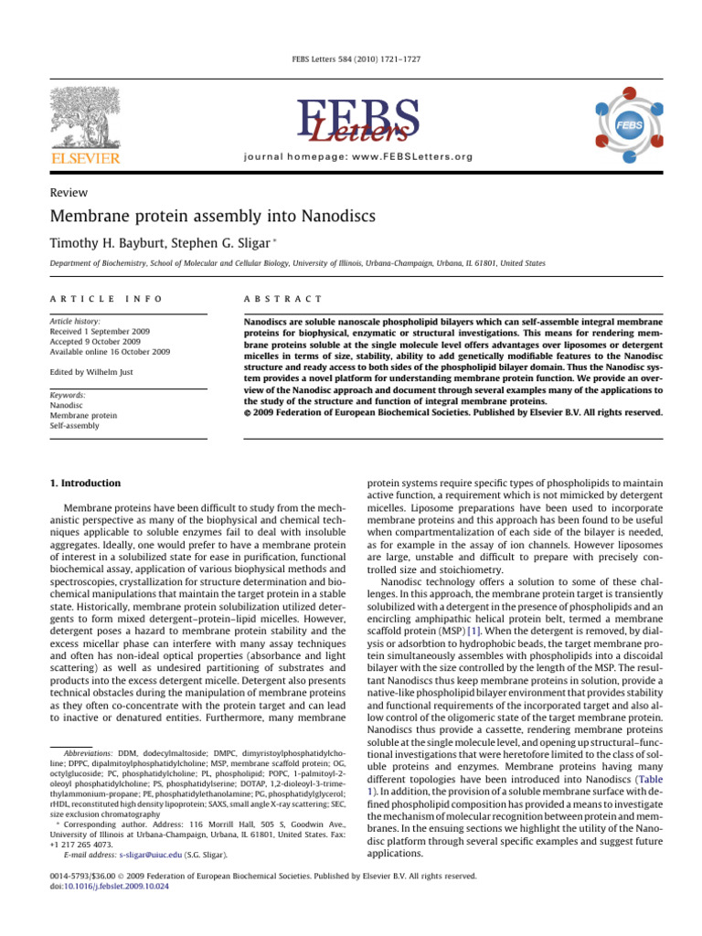 Membrane Protein Assembly Into Nanodiscs 2010 FEBS Letters | PDF ...