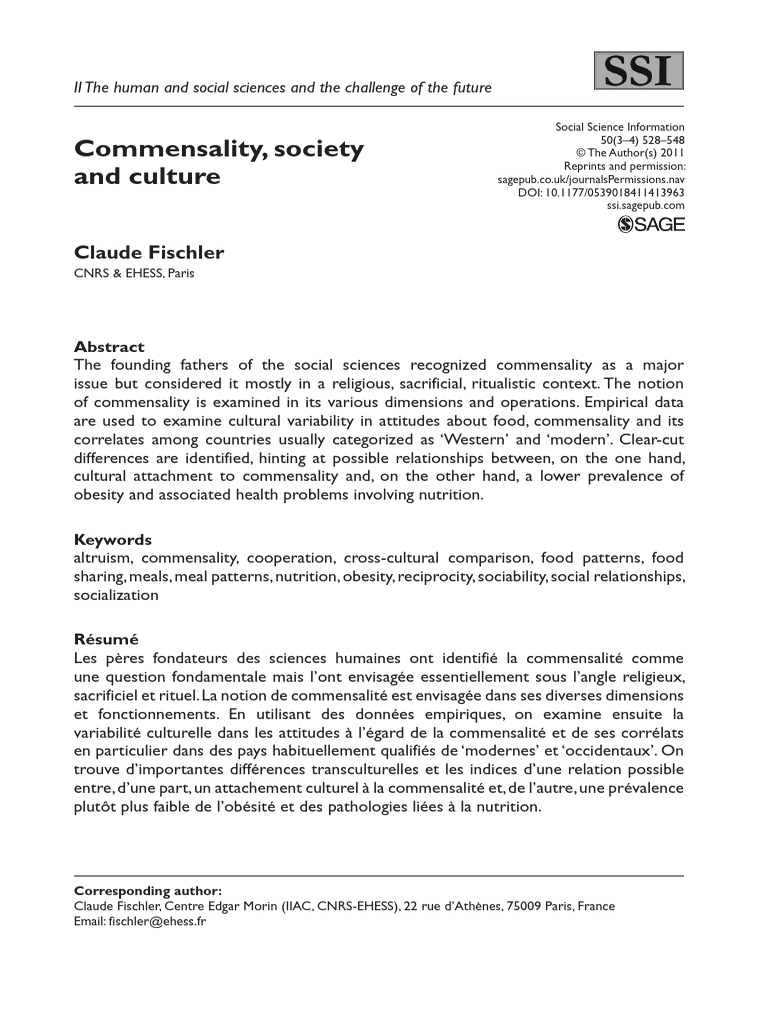 Commensality's Impact on Culture and Health | PDF | Sacrifice | Émile ...