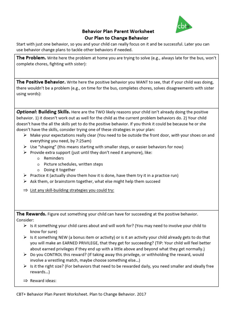 Behavior Plan Parent Worksheet Plan To Change Behavior 2017 | PDF ...