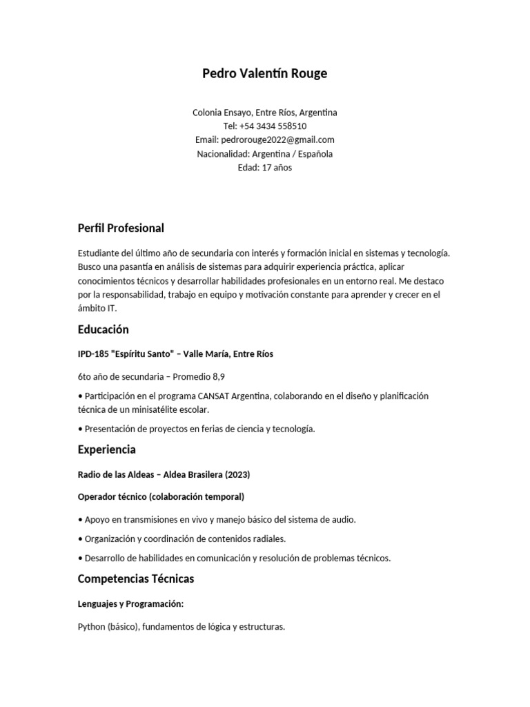 CV Pedro Valentin Rouge | PDF
