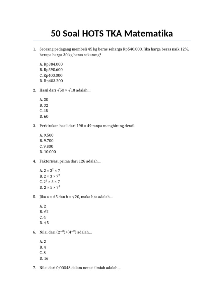 Soal HOTS Matematika TKA | PDF