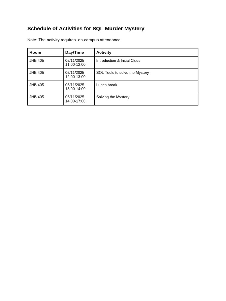 SQL Murder Mystery Schedule of Activities | PDF