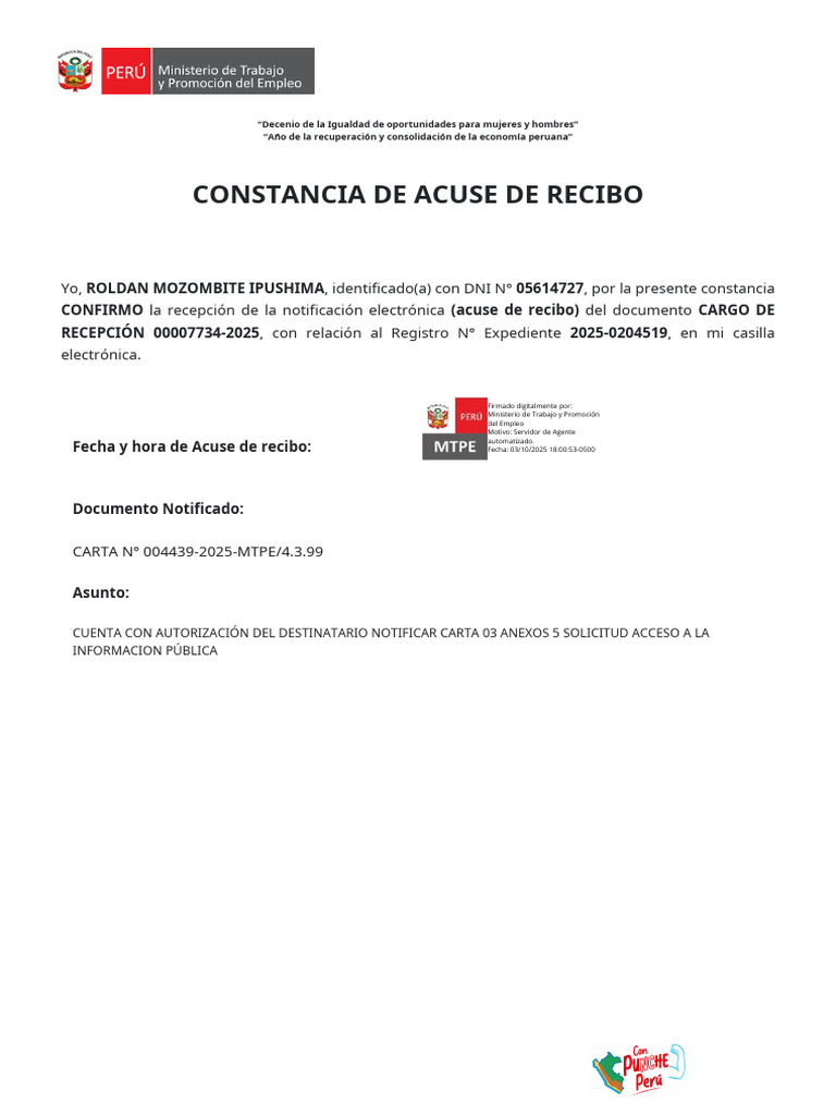 Acuse de Recibo de Notificación MTPE | PDF