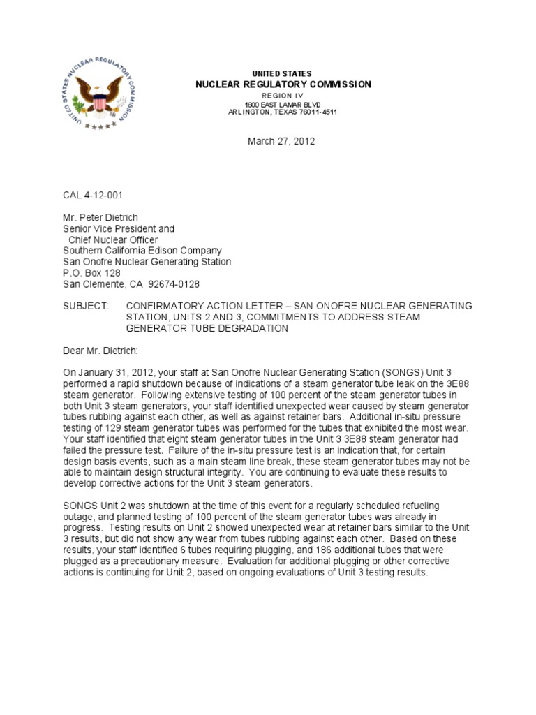 Confirmatory Action Letter - San Onofre Nuclear Generating Station ...