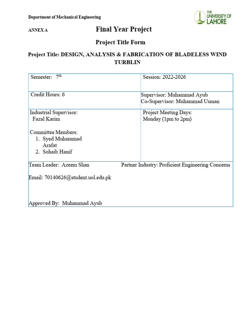 Bladeless Wind Turbine Project Form | PDF