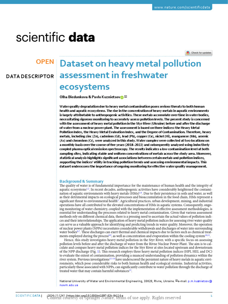 Dataset On Heavy Metal Pollution Assessment in Fre | PDF | Water ...