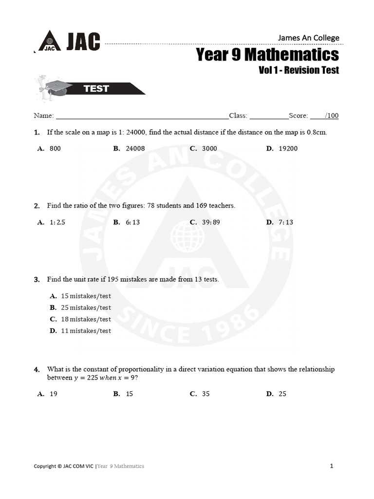 A Revision Test Maths Yr 9 Vol 1 Revision Test v2.0 | PDF | Mathematics