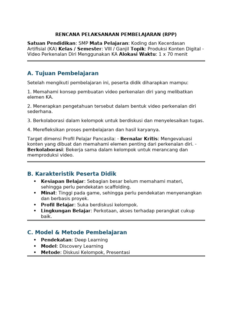 RPP Dan LKPD Koding KA Video Perkenalan Diri | PDF