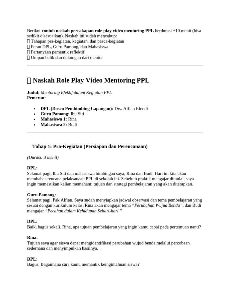 Berikut contoh naskah percakapan role play video mentoring PPL berdurasi 10 menit_2 Mahasiswa | PDF