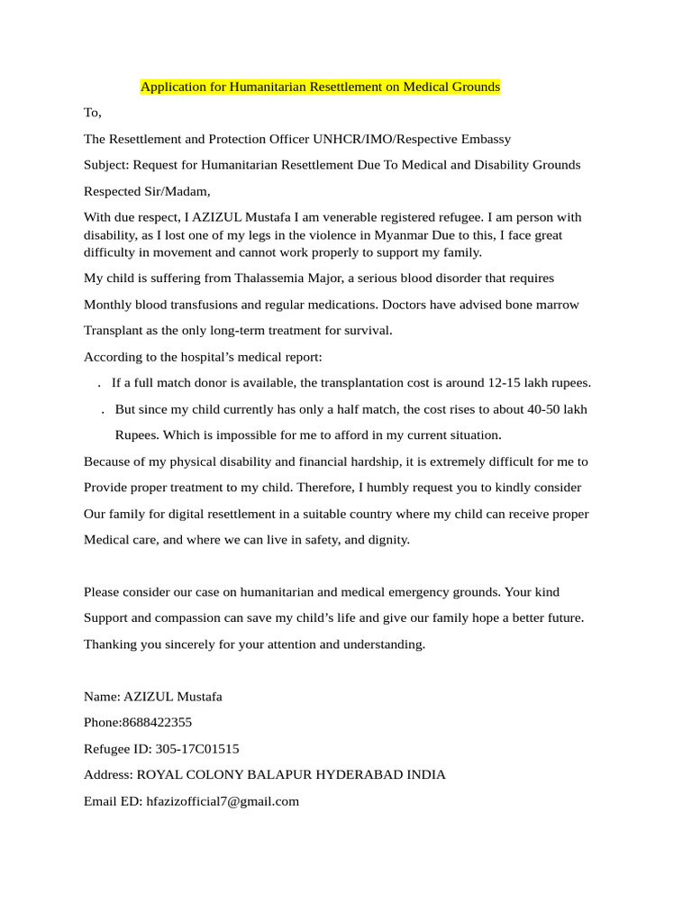 Application For Humanitarian Resettlement On Medical Grounds | PDF