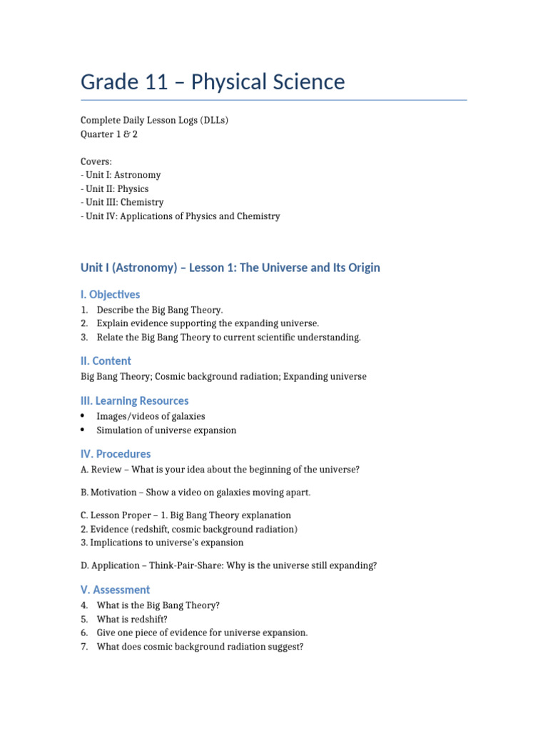 Grade 11 Physical Science Lesson Plans | PDF | Planets | Solar System