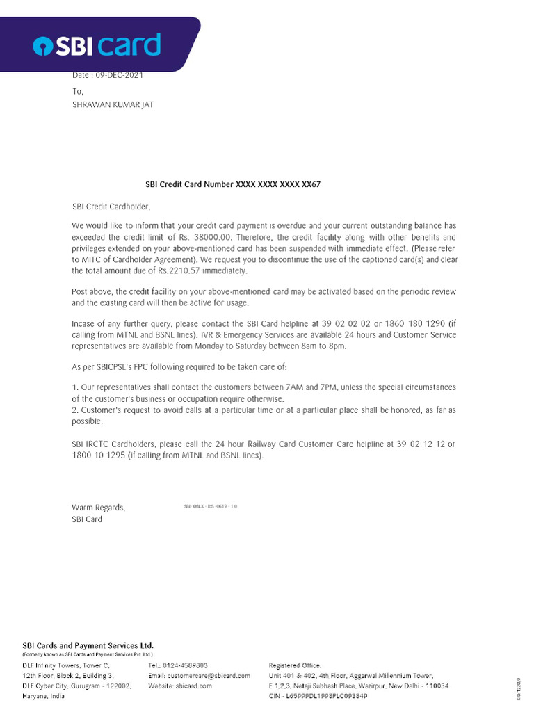 SBI Credit Card Payment Overdue Notice | PDF