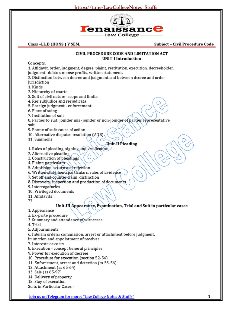 Civil Procedure Code (CPC) Renaissance Law College Notes | PDF ...