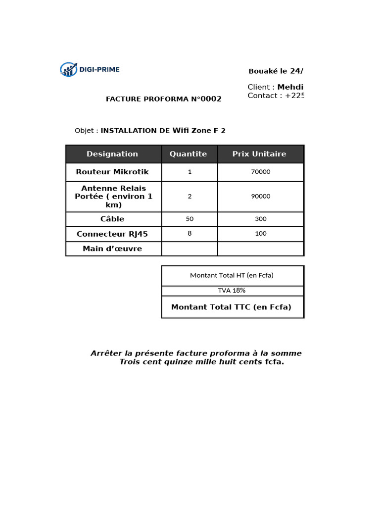 Facture Proforma Installation Wifi Zone F | PDF