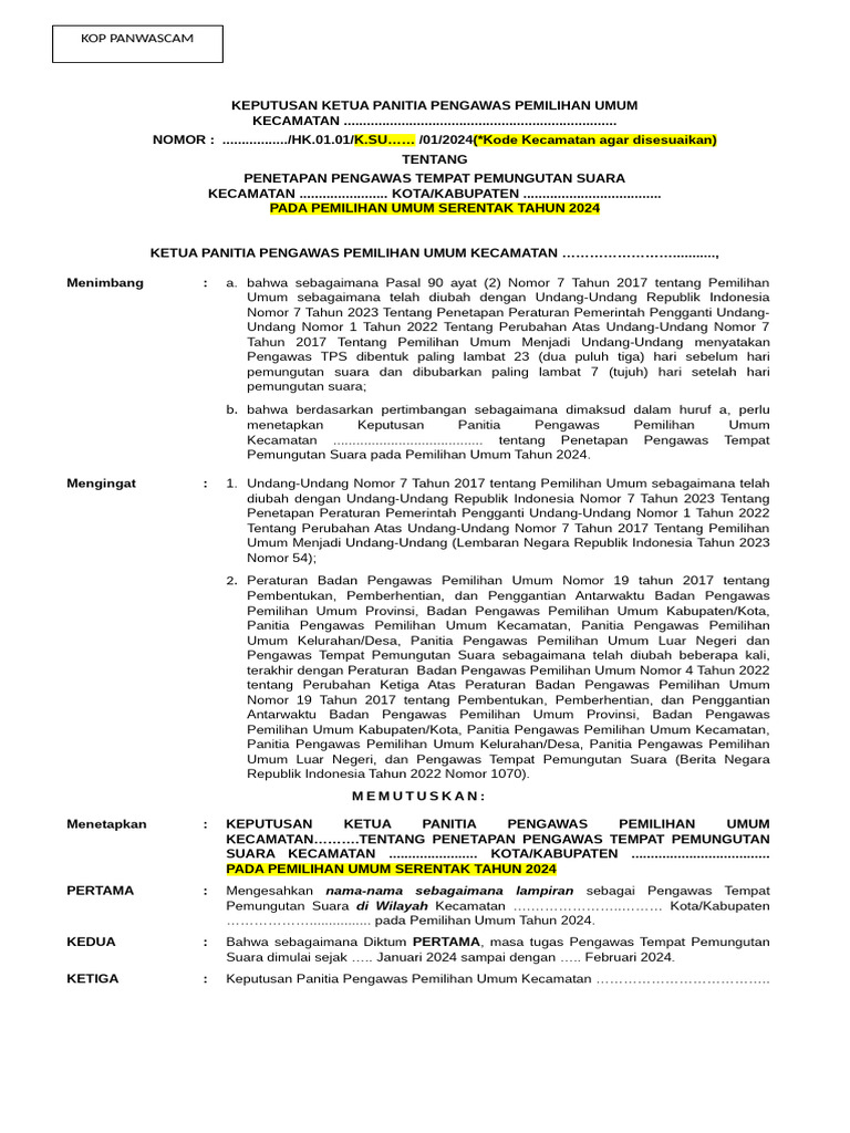 Penetapan Pengawas TPS Pemilu 2024 | PDF