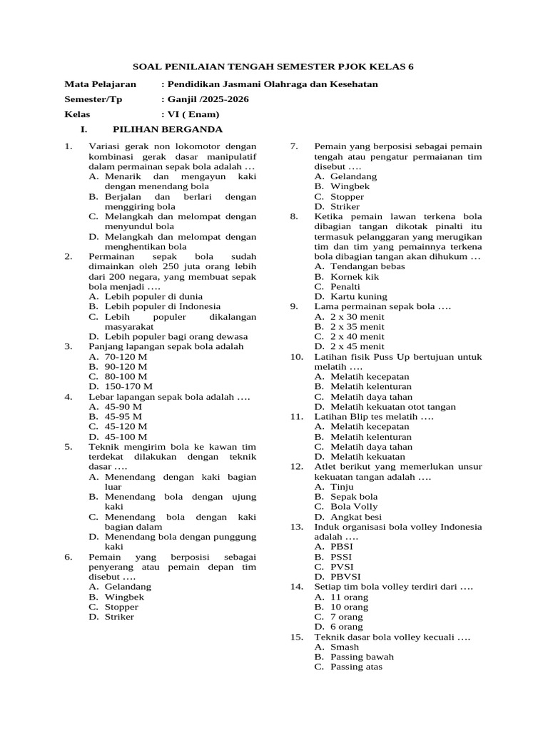 KELAS 6 SOAL PENILAIAN TENGAH SEMESTER PJOK_085531 | PDF