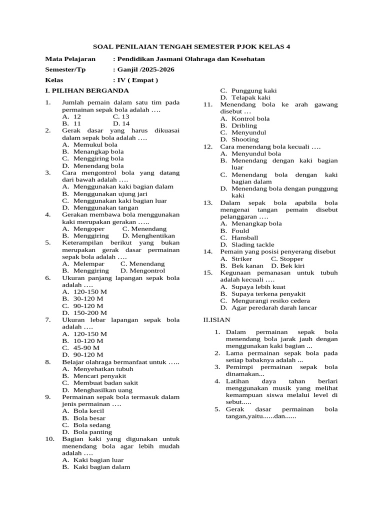 Kelas 4 Soal Penilaian Tengah Semester Pjok - 085530 | PDF