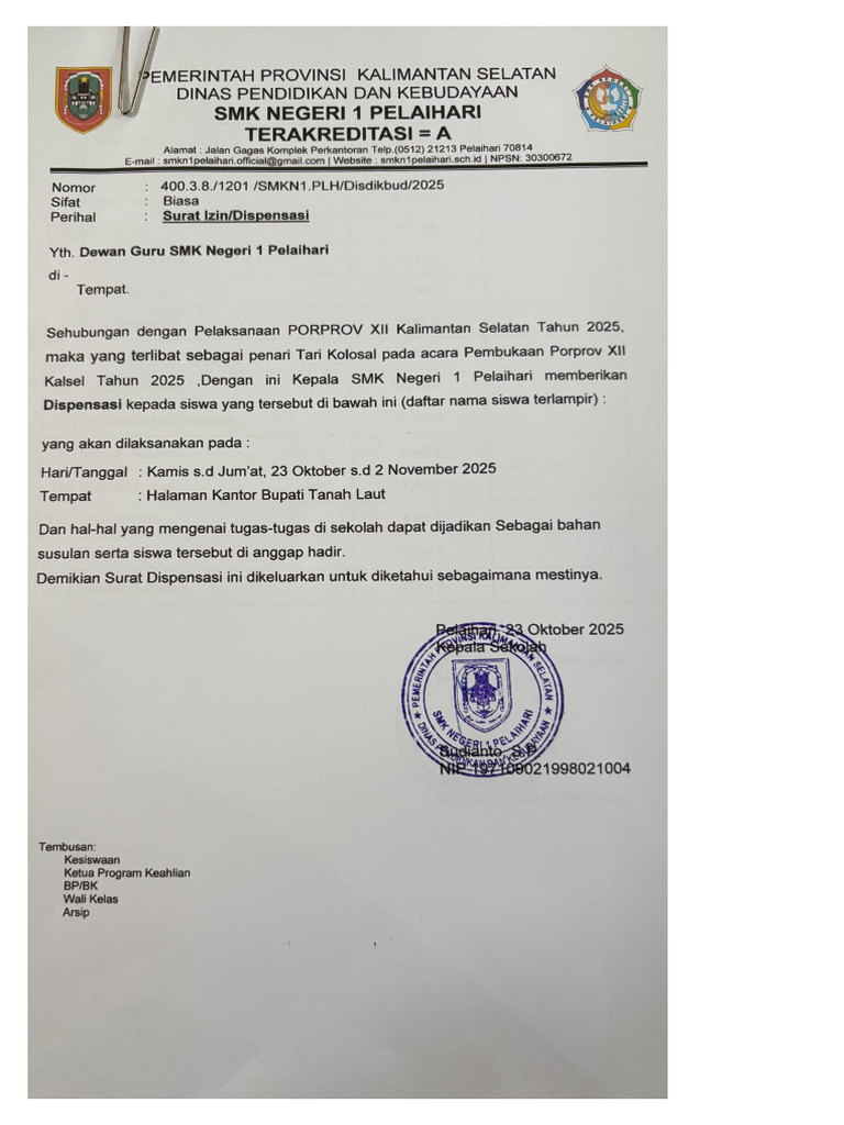 Surat Izin Dispensasi PORPROV 2025 | PDF