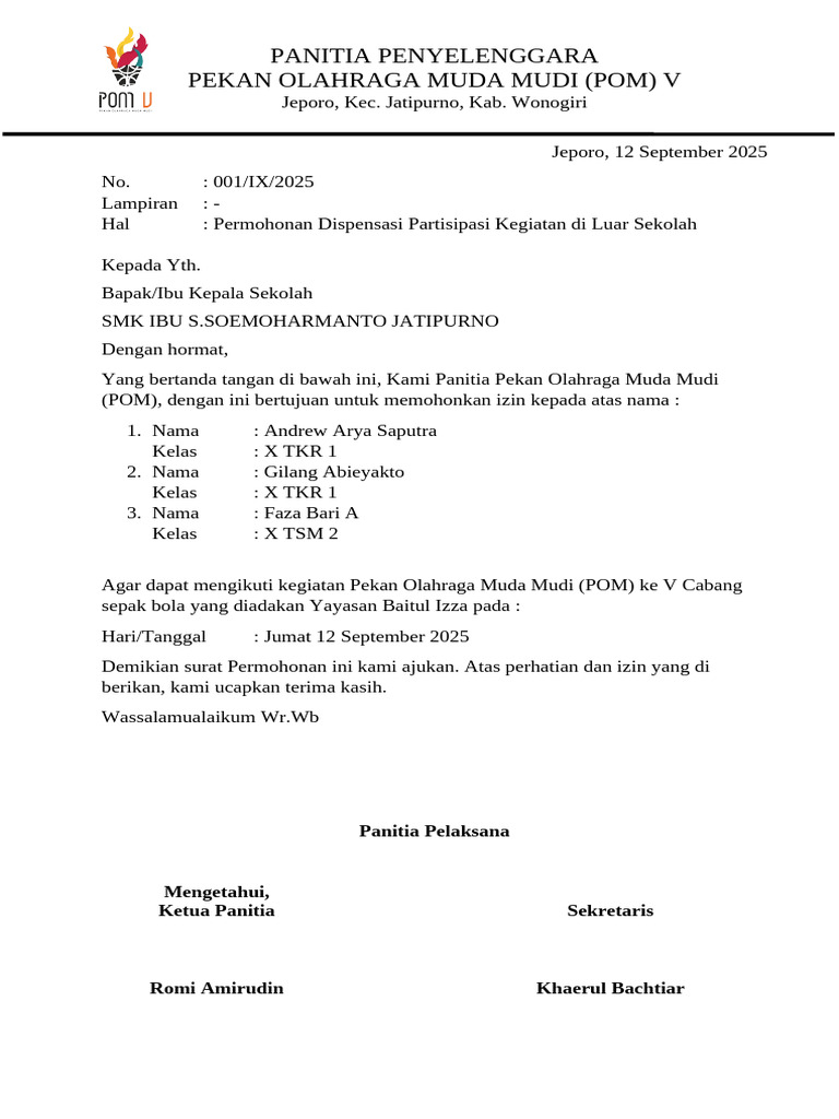 Permohonan Izin POM V untuk Siswa | PDF