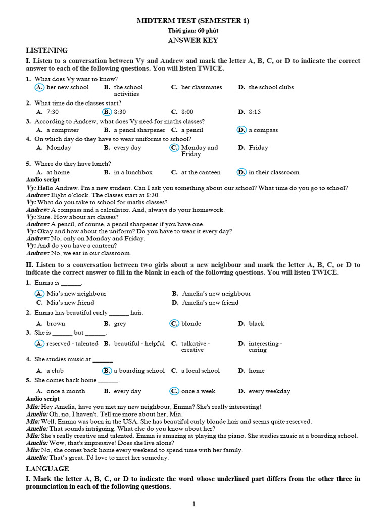 Midterm Test: Listening & Reading Skills | PDF