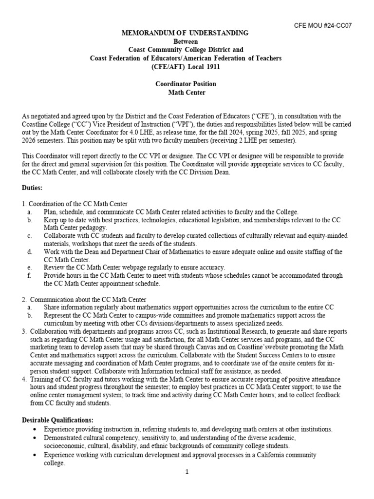 CFE MOU #24-CC-07 CCC Math Center Coordinator CFE Signed | PDF ...