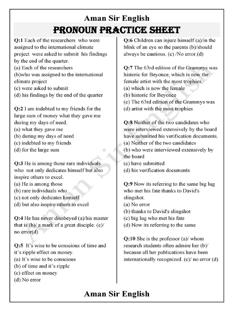 Pronoun Practice Sheet | PDF
