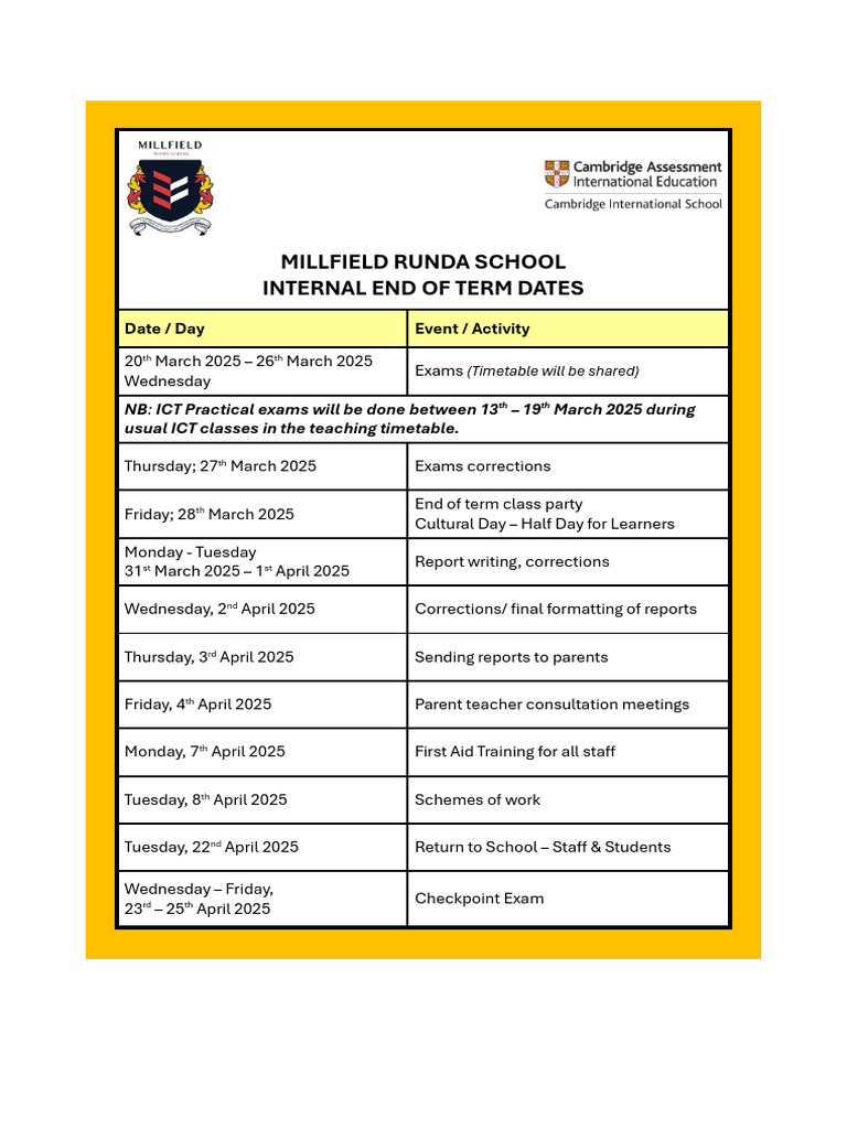 Millfield Runda School Term Dates 2025 | PDF