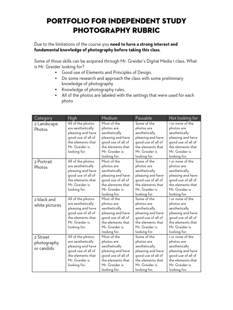 Portfolio For Independent Study Photography Rubric | PDF | The Arts