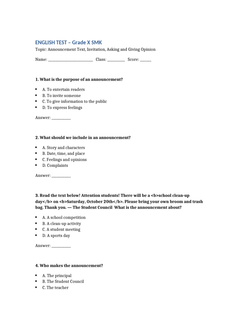 English Test Announcement Invitation Opinion SMK | PDF