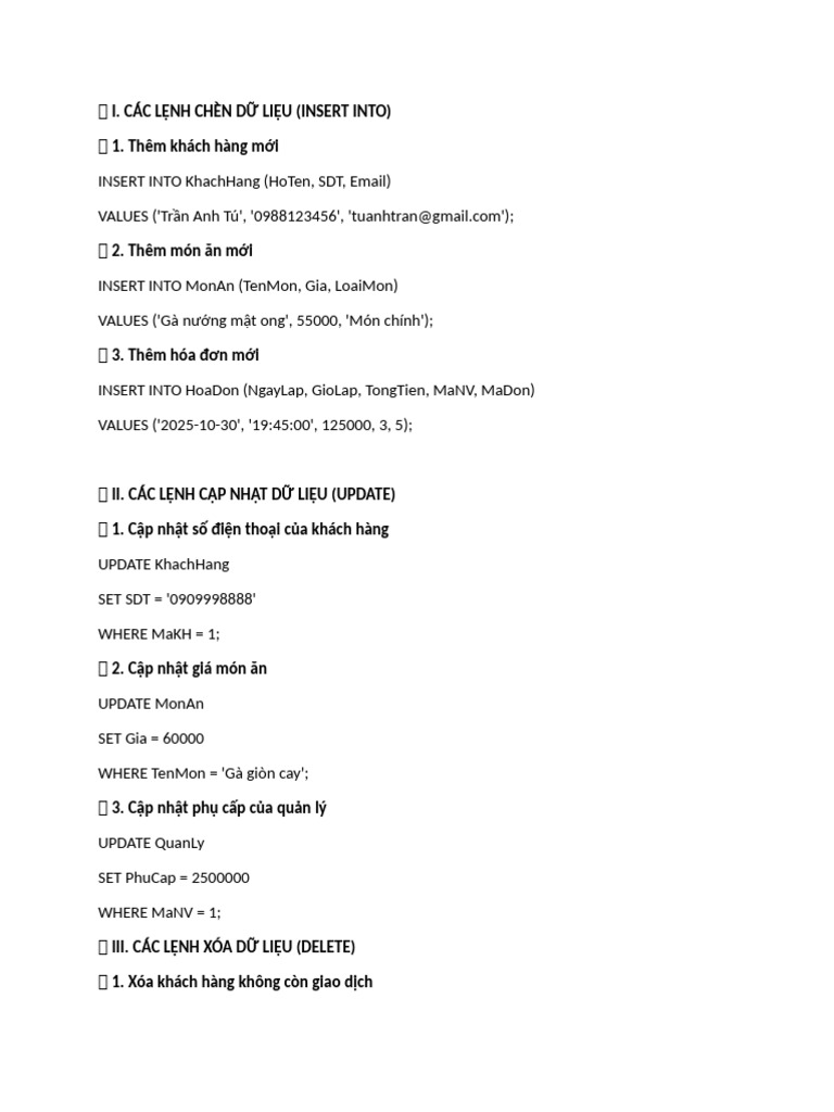 Các Câu Lệnh SQL | PDF