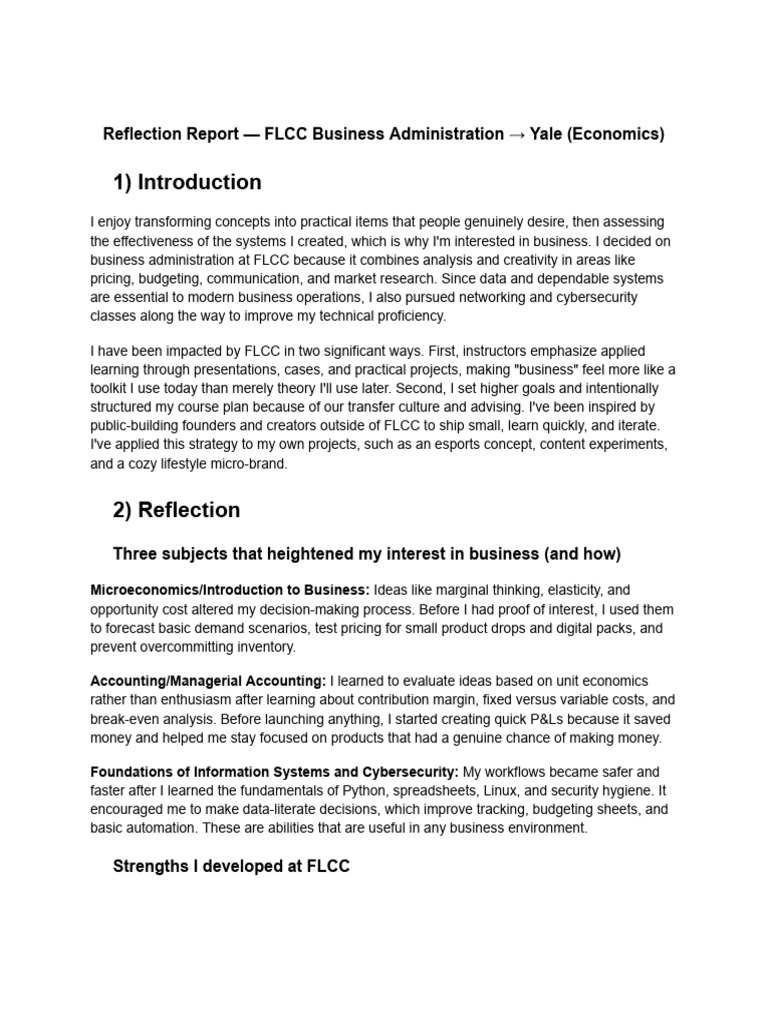 Reflection Report - FLCC Business Administration Yale (Economics) | PDF ...