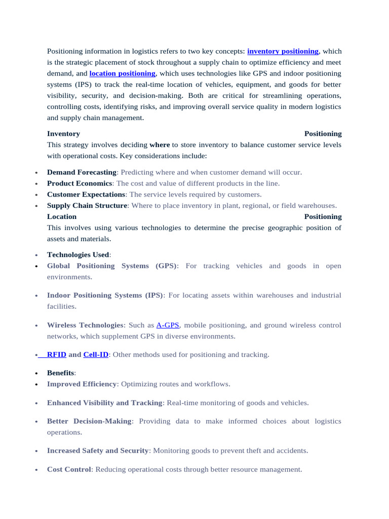 Logistics Positioning Strategies Explained | PDF | Logistics | Inventory