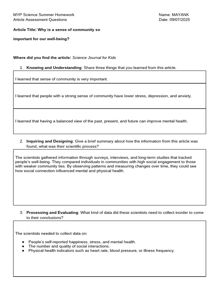 MYP 2nd Science Summer Homework - Article Assessment 2 | PDF