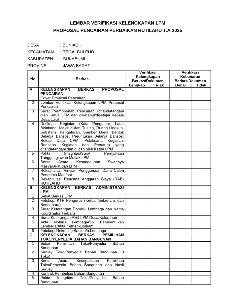 Verifikasi Kelengkapan Proposal RUTILAHU | PDF