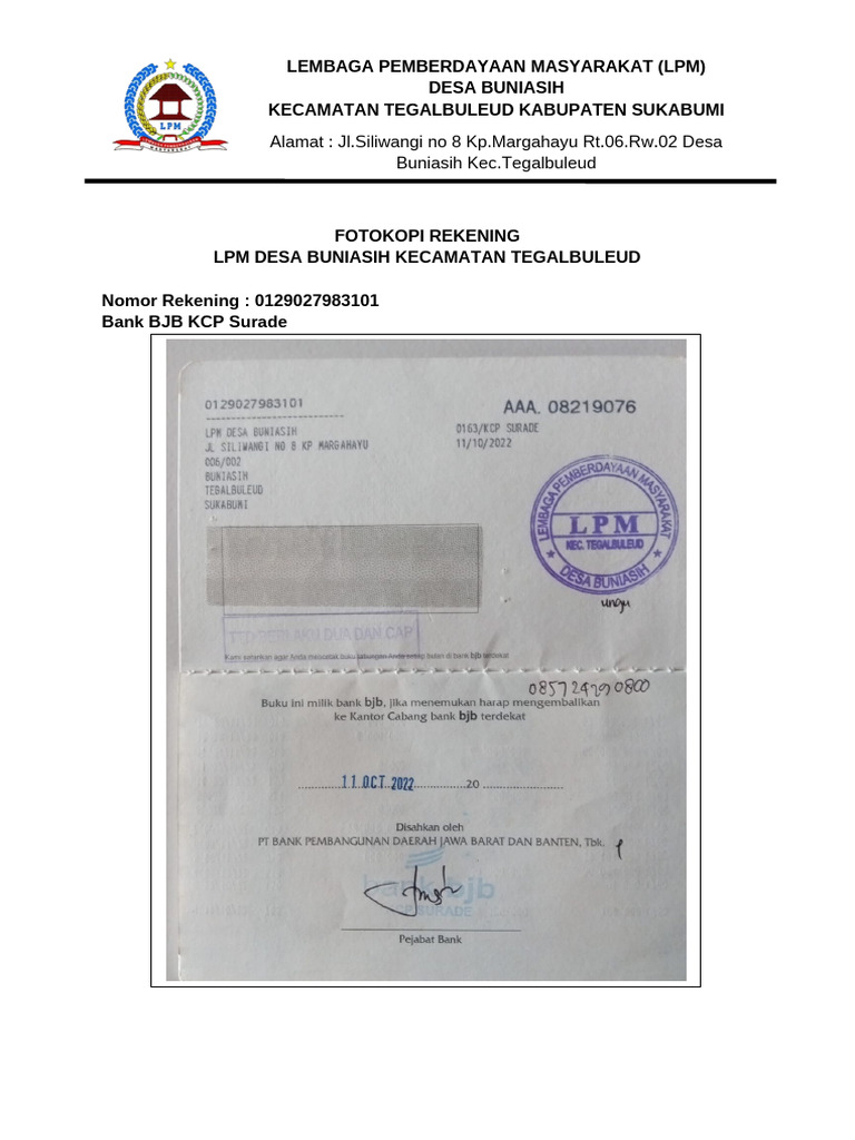 Contoh Rekening LPM Desa Buniasih | PDF