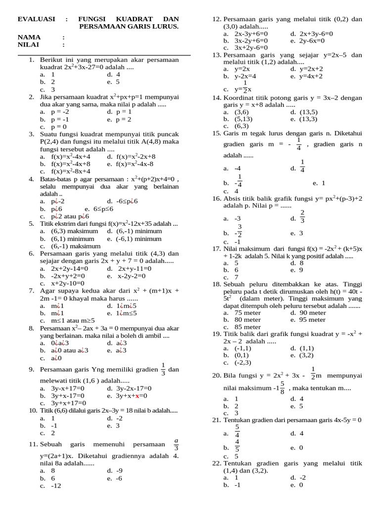 Evaluasi Fungsi Kuadrat dan Garis Lurus | PDF