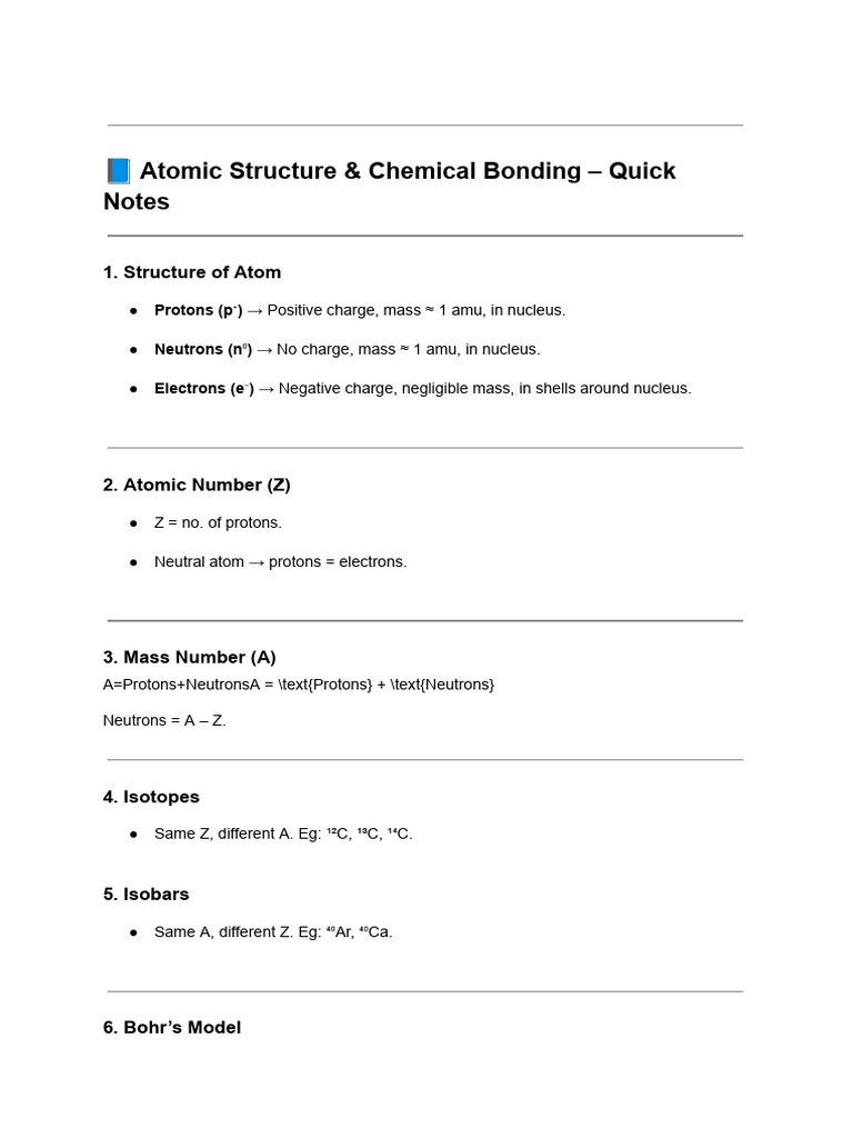 Atomic Structure & Chemical Bonding - Quick Notes | PDF