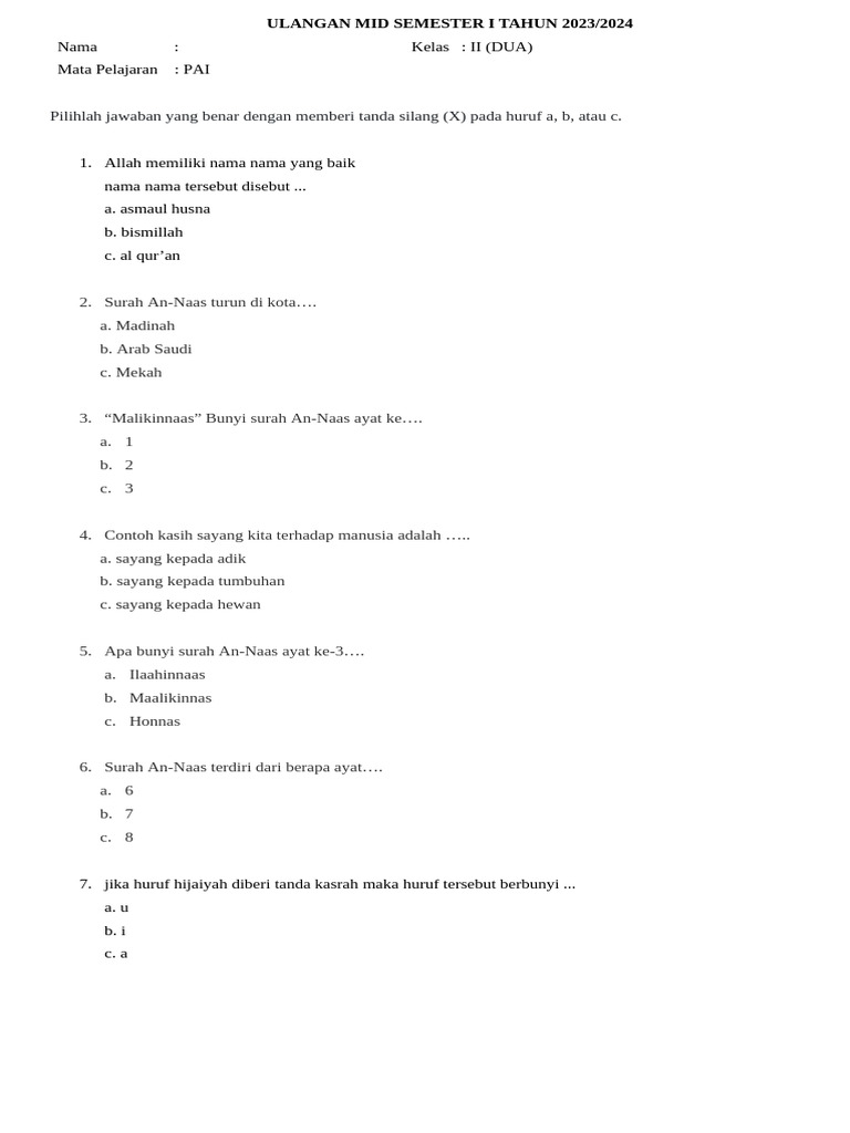 Ulangan PAI Kelas II Semester 1 2023 | PDF