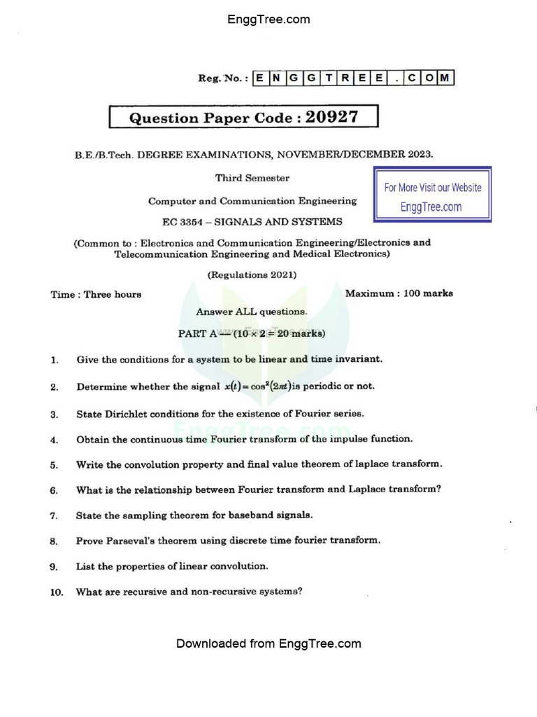 EC3354 Signals and Systems Nov Dec 2023 Question Paper Download | PDF