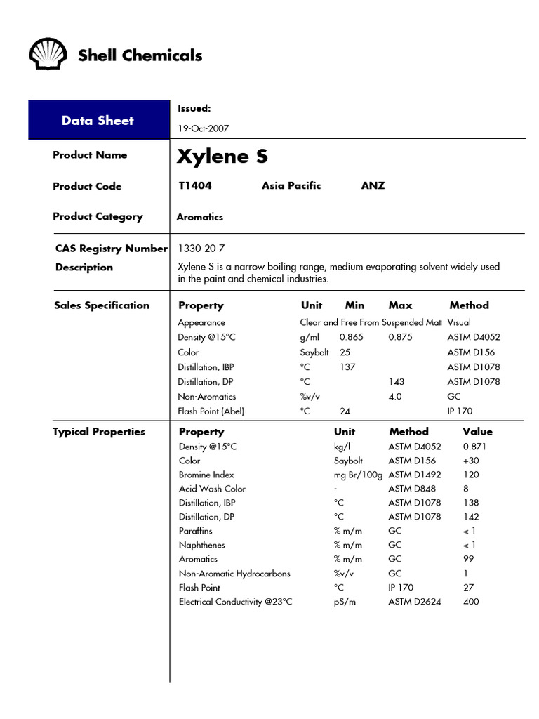Xylene S Data Sheet and Specifications | PDF | Chemical Substances ...