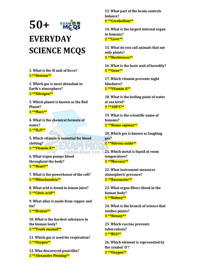 Everyday Science MCQs for Students | PDF | Oxygen | Atmosphere
