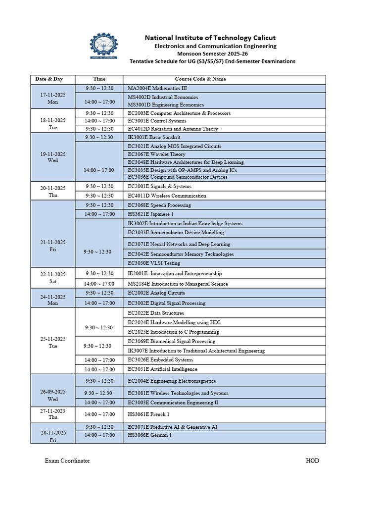 NIT Calicut ECE Monsoon Exam Schedule 2025 | PDF | Integrated Circuit ...