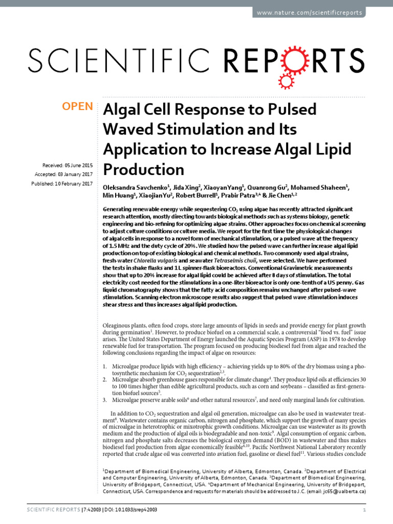Algal Lipid Production via Pulsed Waves | PDF | Algae Fuel | Biofuel