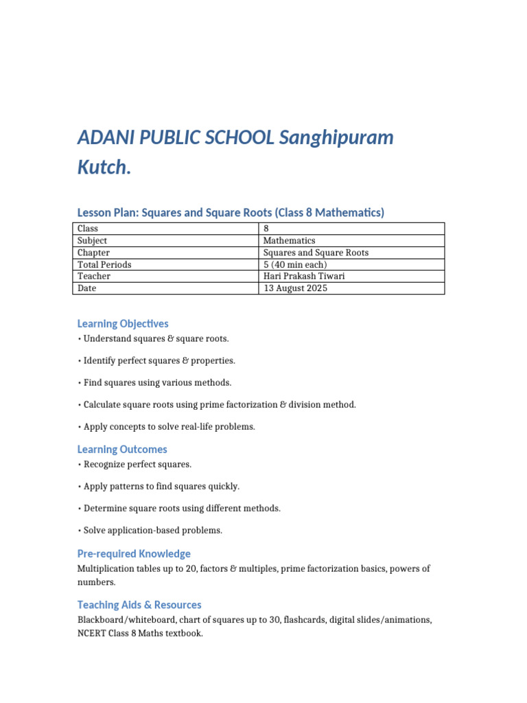 Squares and Square Roots Lesson Plan Class8 | PDF | Multiplication ...