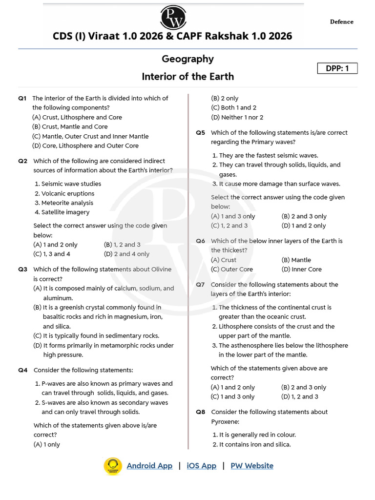 Interior of The Earth and Rocks - DPP 01 | PDF | Crust (Geology) | Rock ...