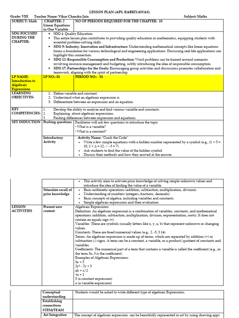 Lesson Plan Ch2 Linear Equations in One Variable | PDF | Equations | Algebra