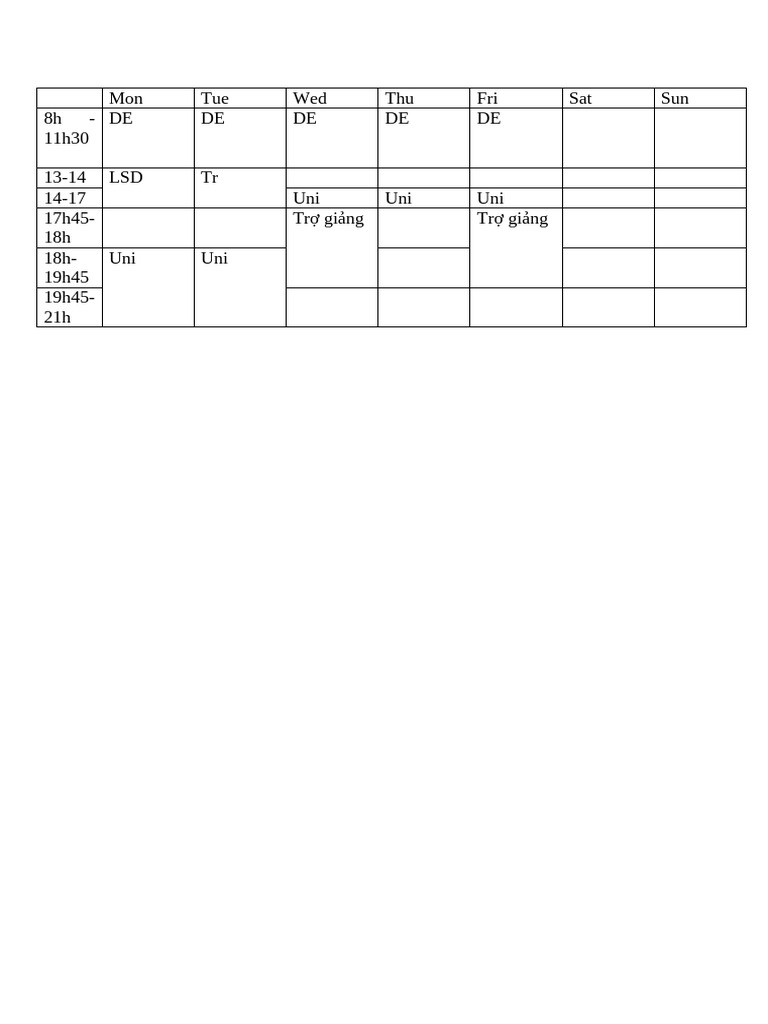 Mon Tue Wed Thu Fri Sat Sun 8h - 11h30 DE DE DE DE DE | PDF